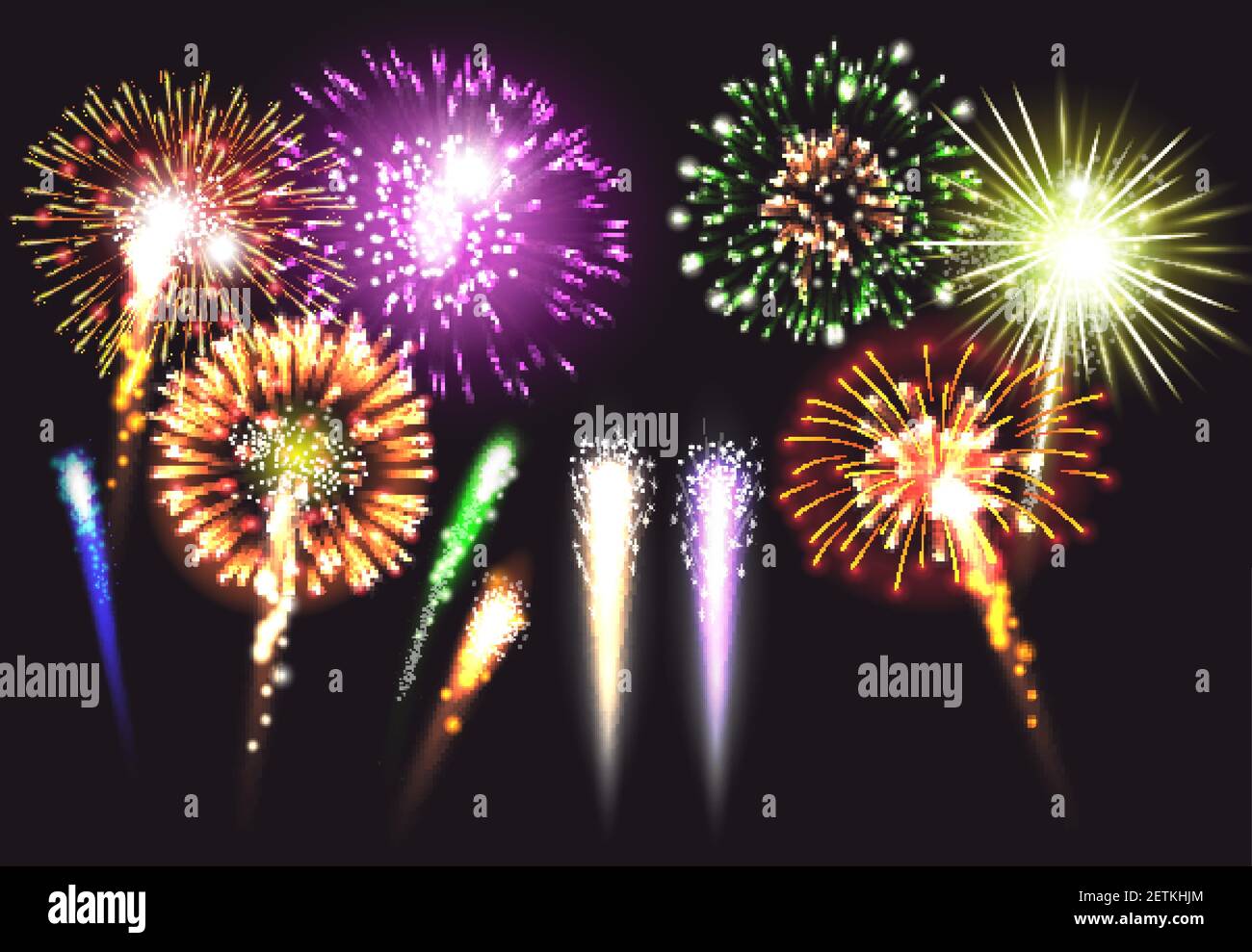 Realistic fireworks icon set in different sizes shapes and colors ...