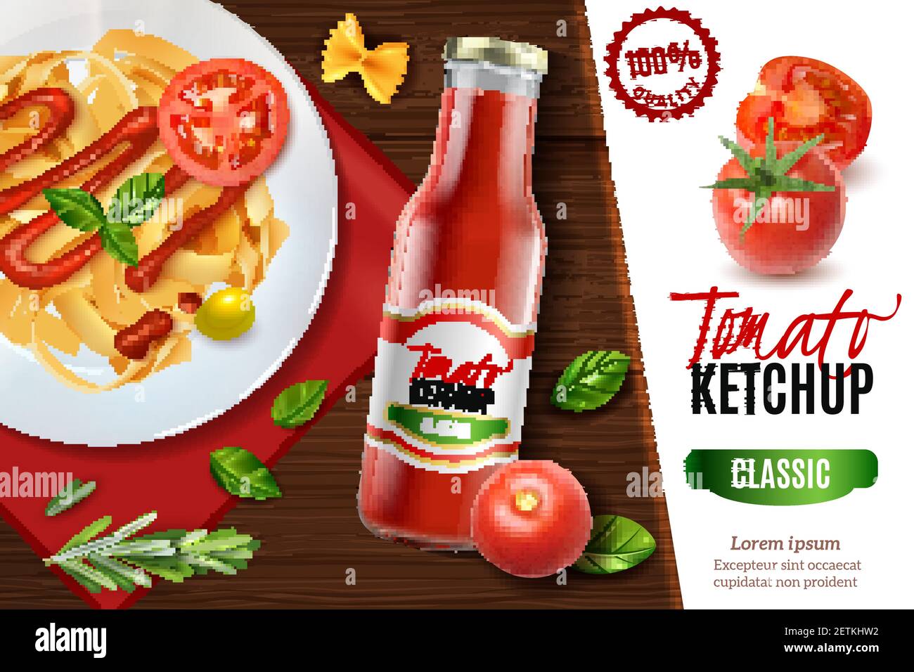 Realistic tomato ketchup advertising poster with view of wooden table ...