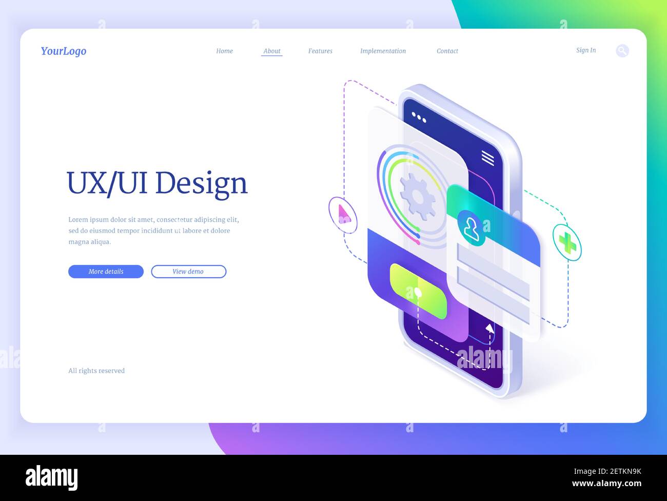 Ui and ux design, user experience, isometric landing page, mobile phone with application layouts ...
