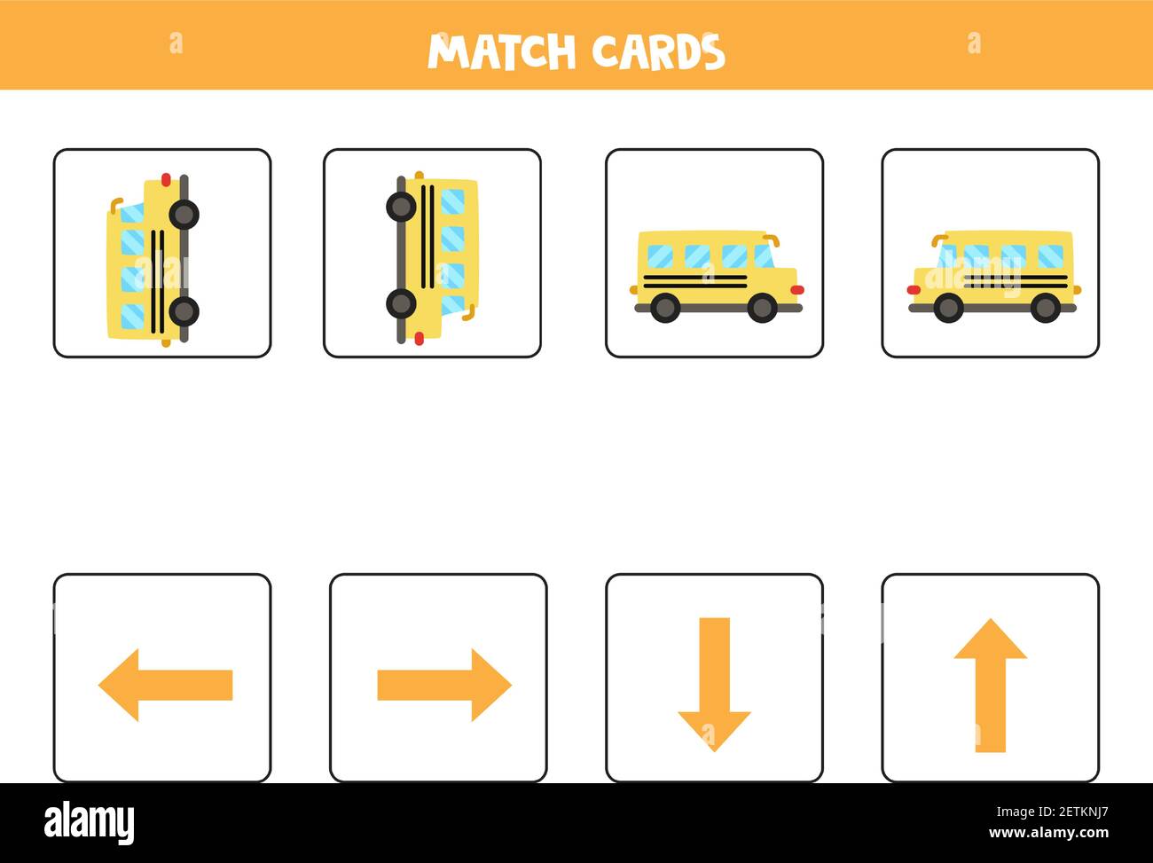 Spatial orientation with cartoon school bus. Left, right, up or down ...