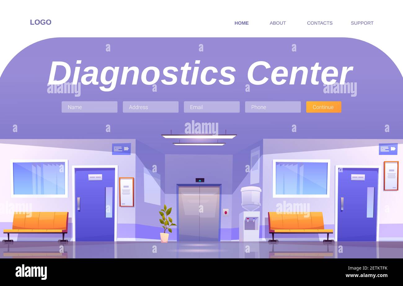 Diagnostics center cartoon landing page. Hospital corridor interior ...