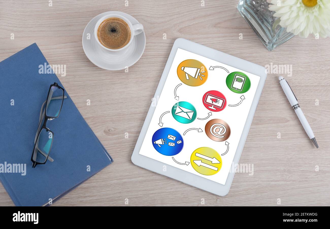 Top view of a desk with communication concept on a digital tablet Stock ...