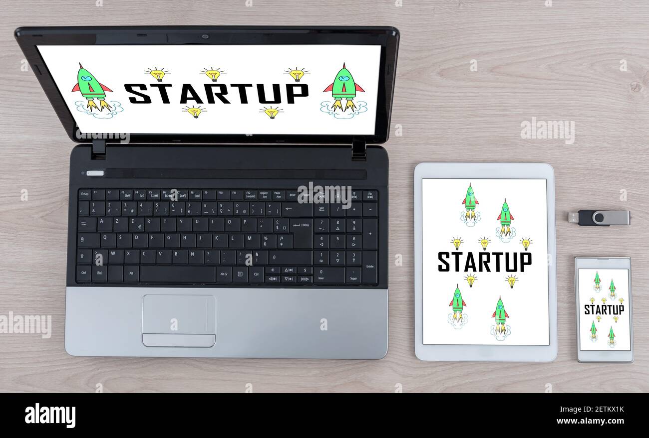 Startup concept shown on different information technology devices Stock ...