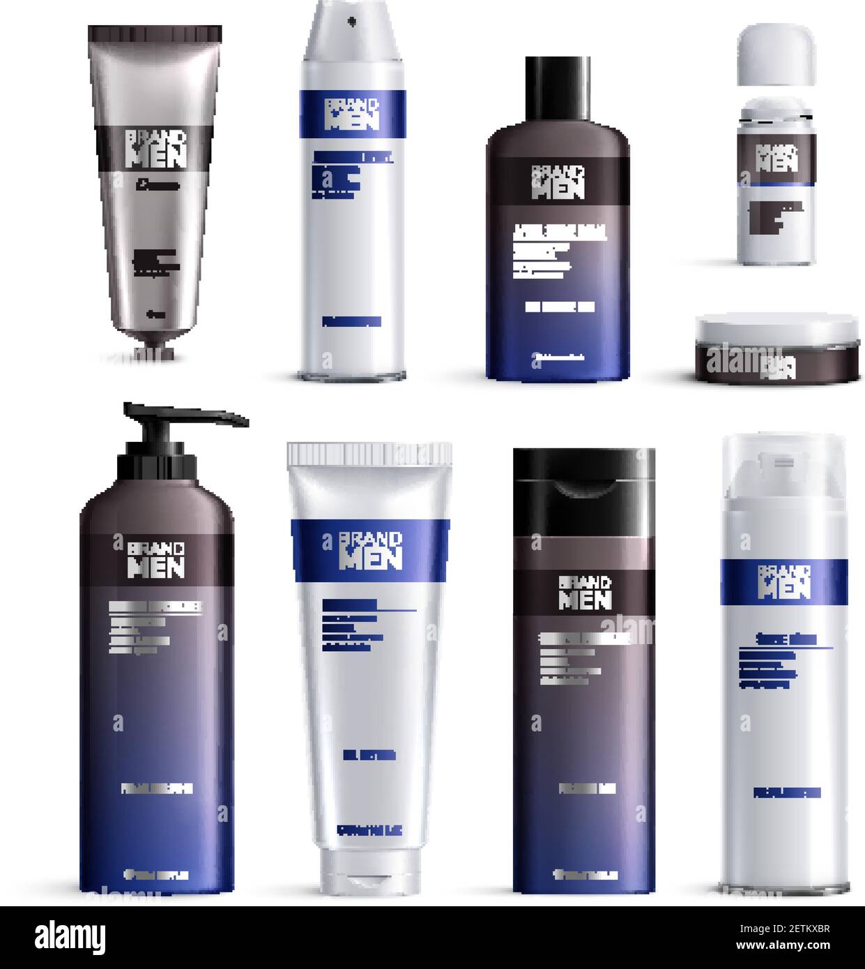 Mens cosmetics bottles design colored realistic icon set with blue and ...