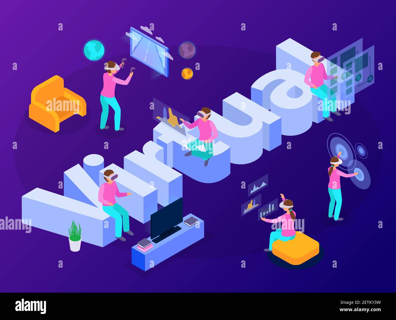 People having fun with virtual reality devices isometric composition 3d ...