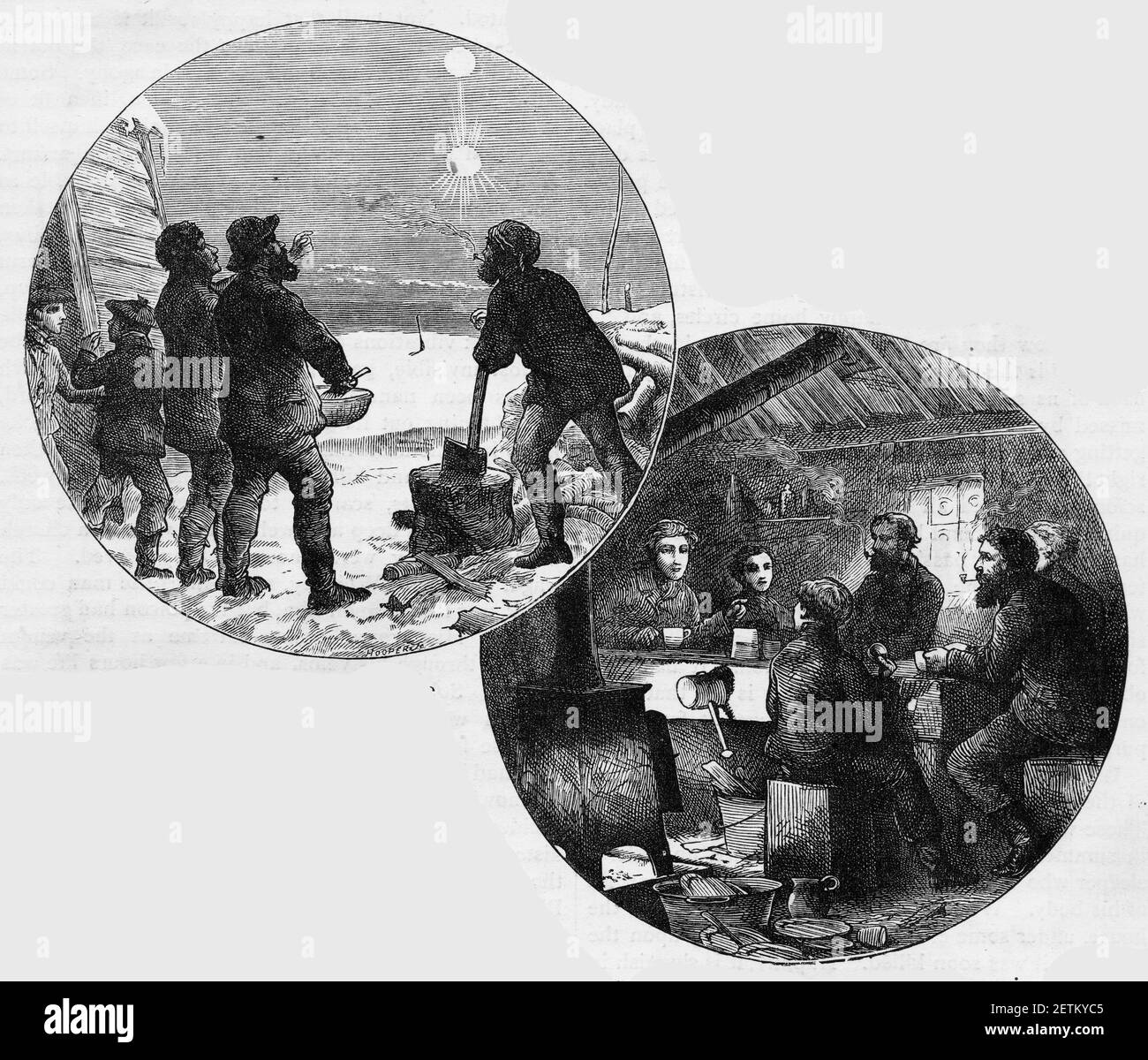 Engraving of two aspects of family life in the Arctic circle - a group ...