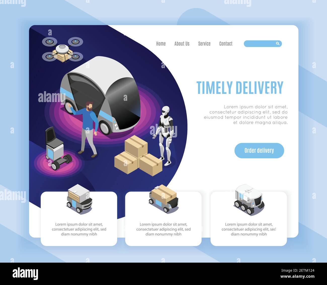 Robot delivery service order options isometric web page design with ...
