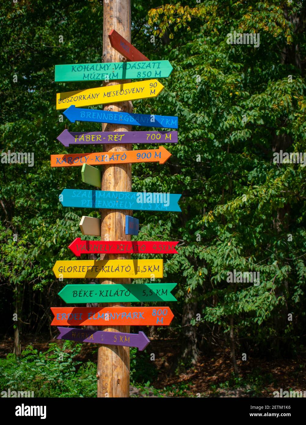 A vertical shot of a pole showing directions in Sopron, Hungary Stock ...