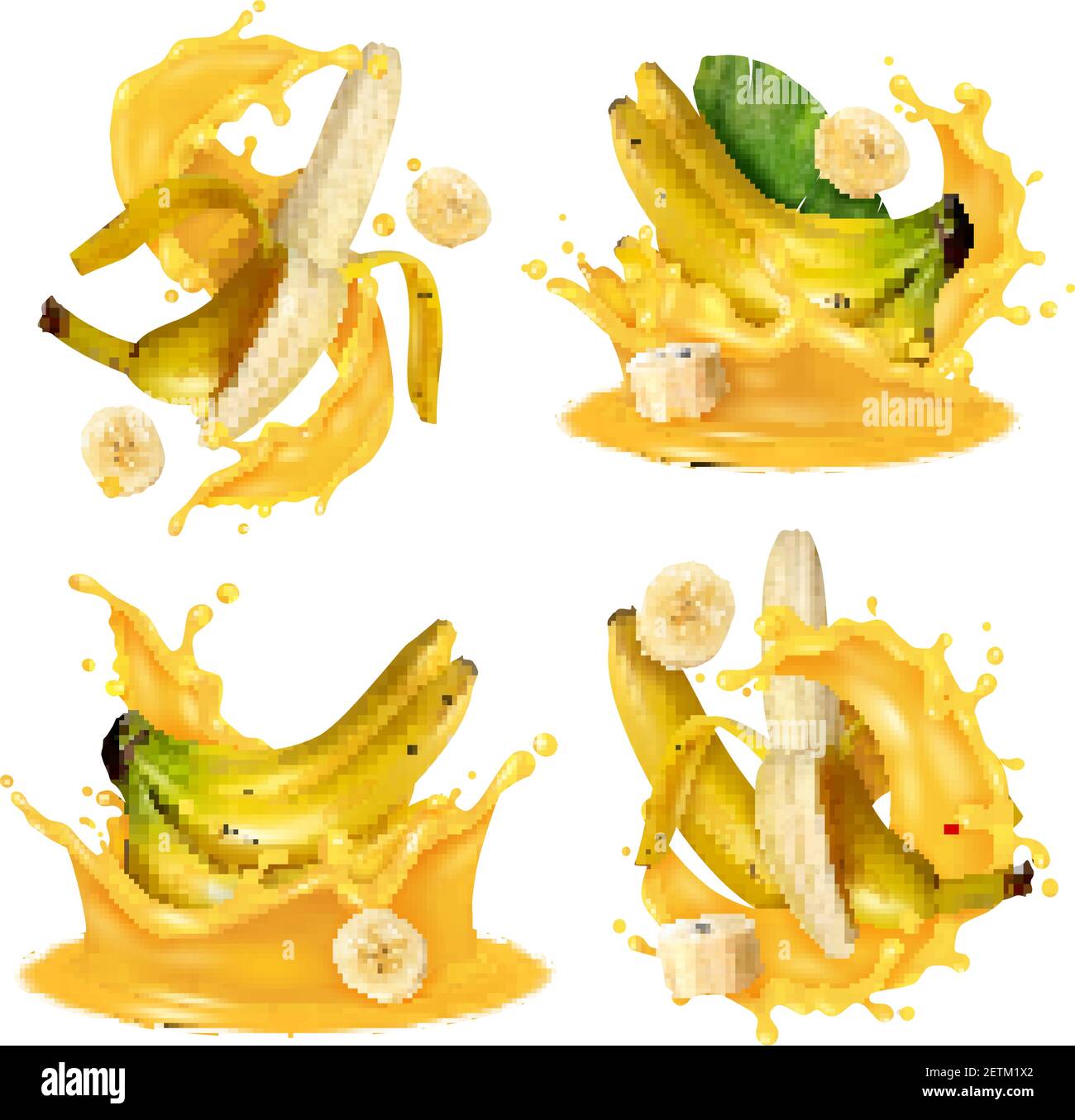 Realistic banana juice splash set with four isolated images of banana ...