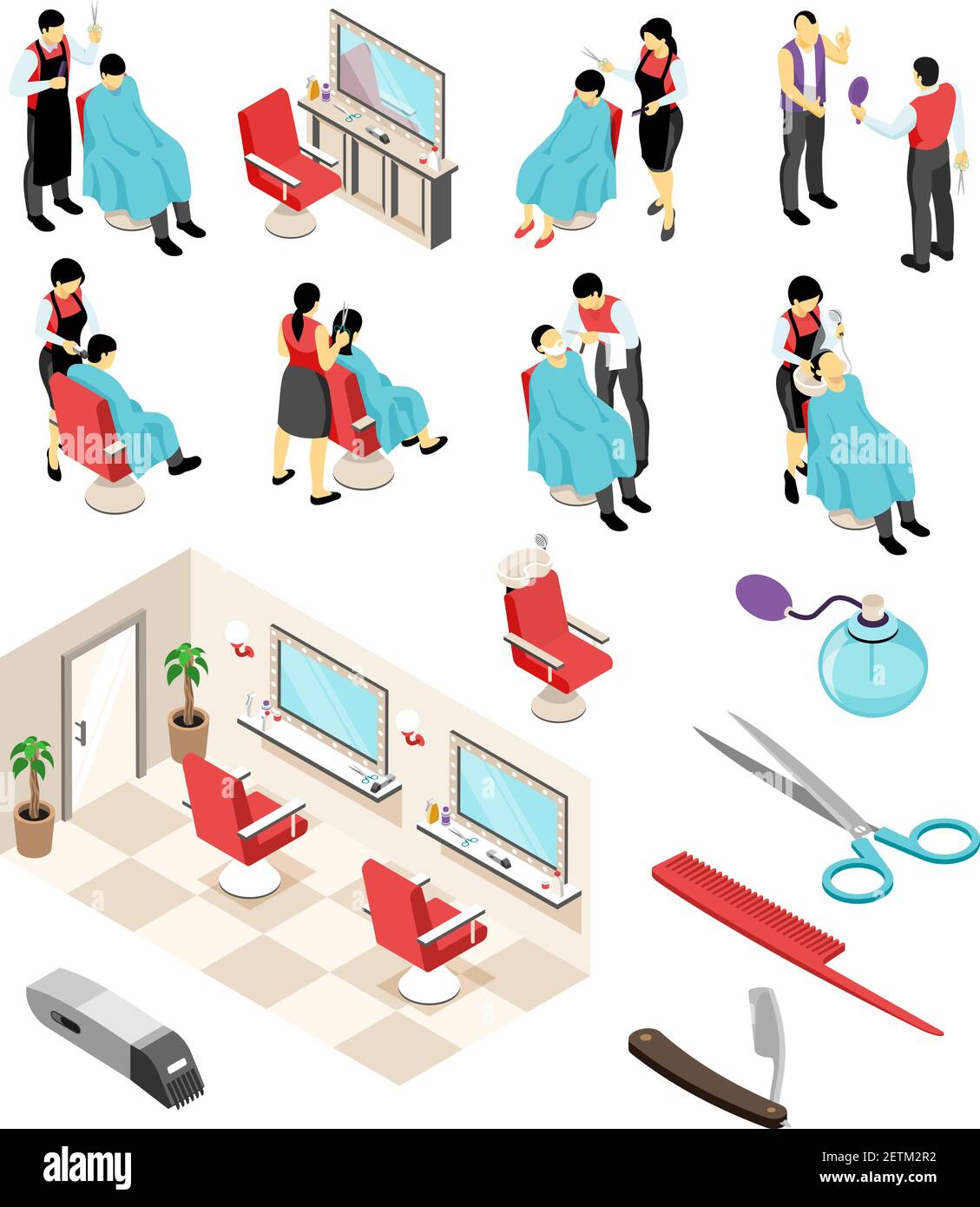 Isometric barber hairdresser professional set with human characters ...
