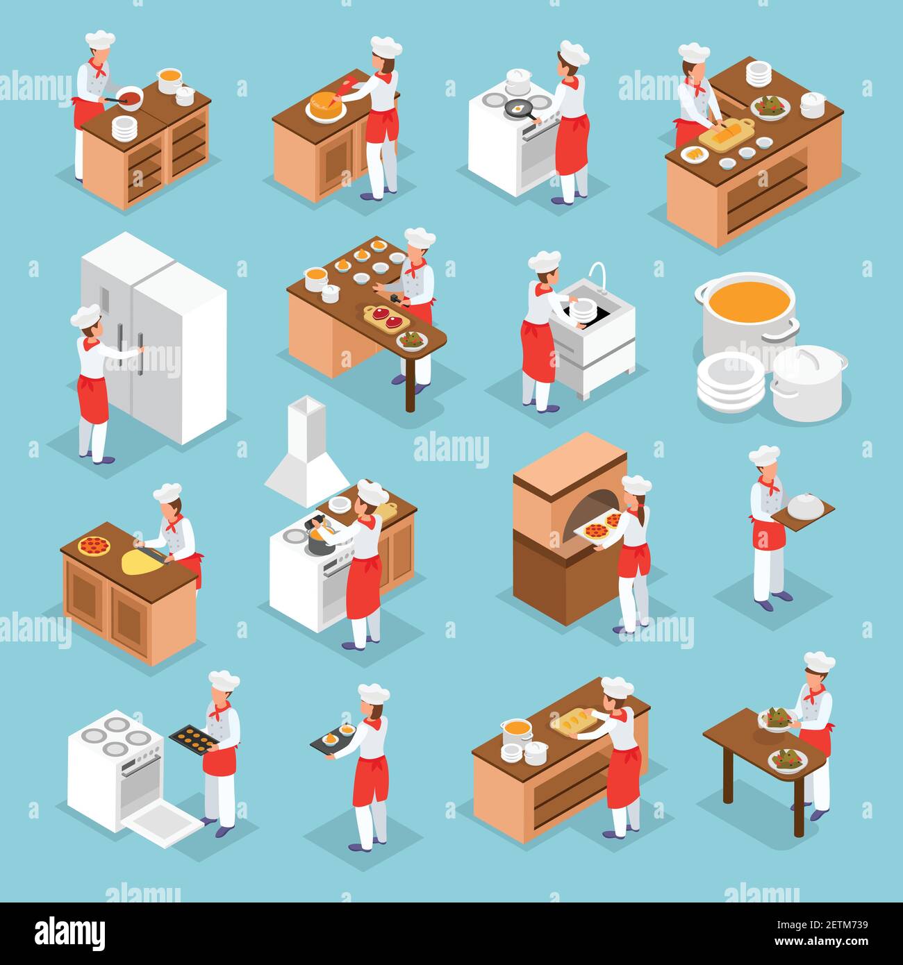 People cooking italian dishes and kitchen interior items isometric ...