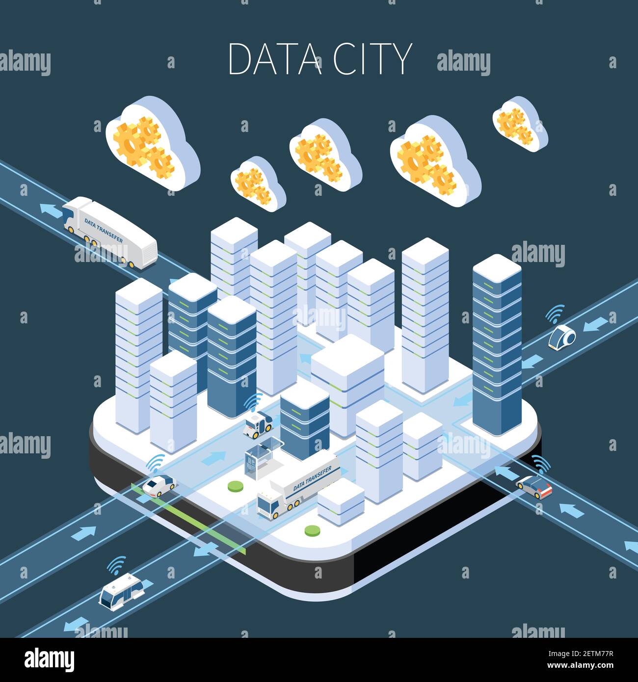 Data city isometric composition with cloud services server infrastructure and information ...