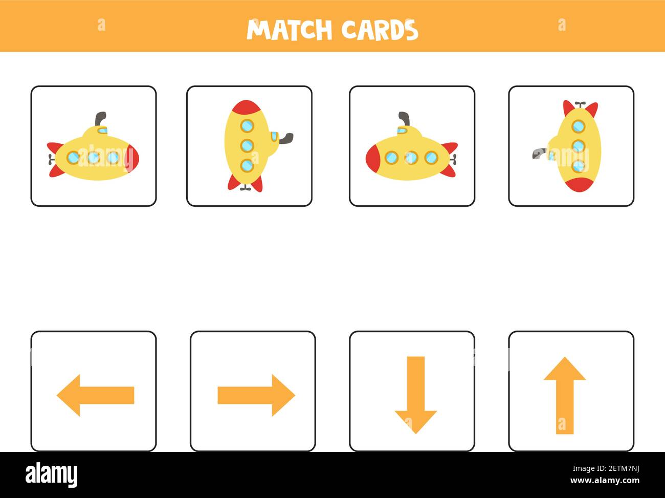 Spatial orientation with cartoon submarine. Left, right, up or down ...