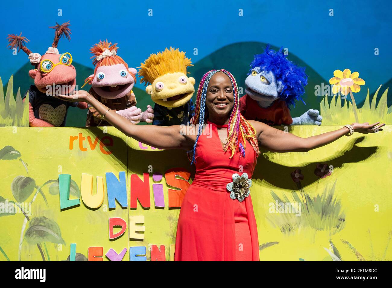 Lucrecia pose to the media with Los Lunnis during the presentation of ...