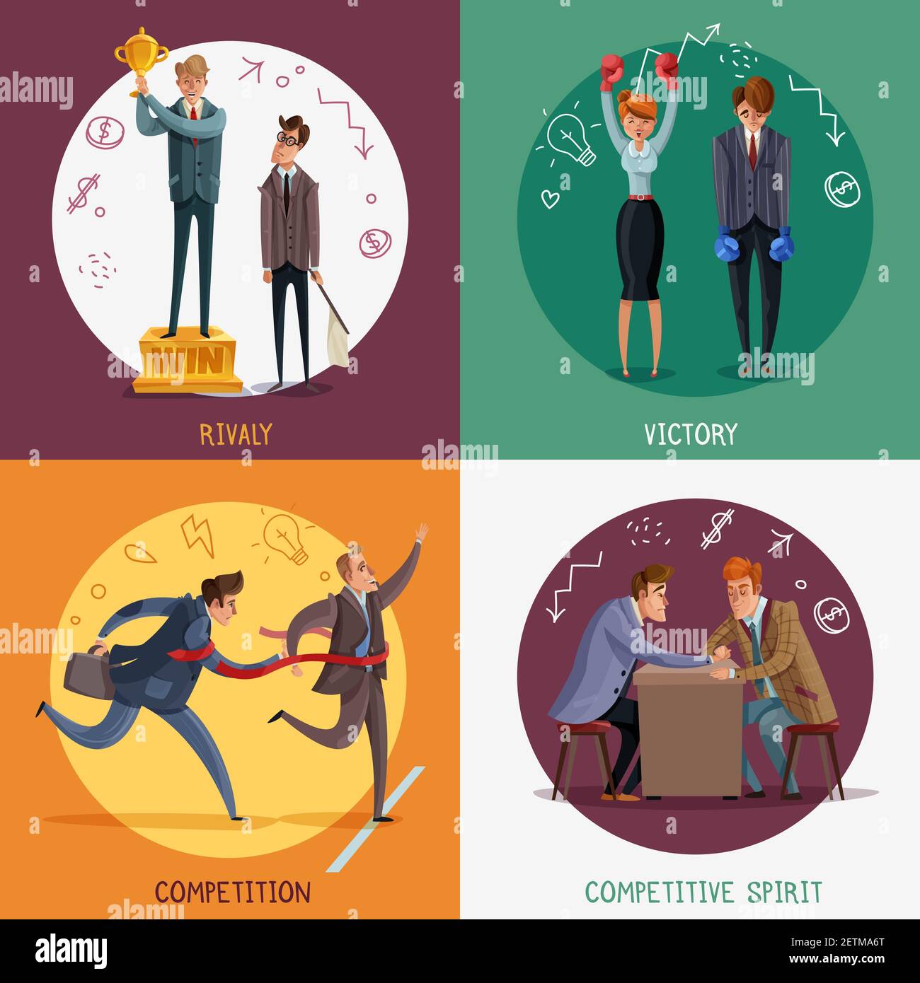 Investor business winner loser characters design concept with doodle ...