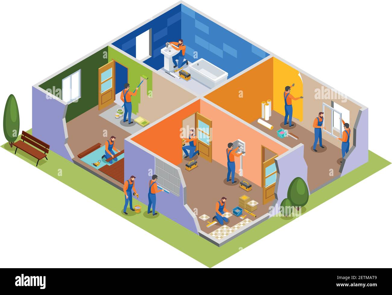Home repair isometric composition with workers in apartment interior ...