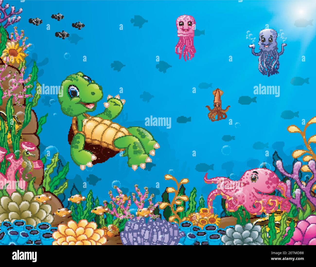 Vector illustration of Cartoon turtle and octopus underwater Stock ...