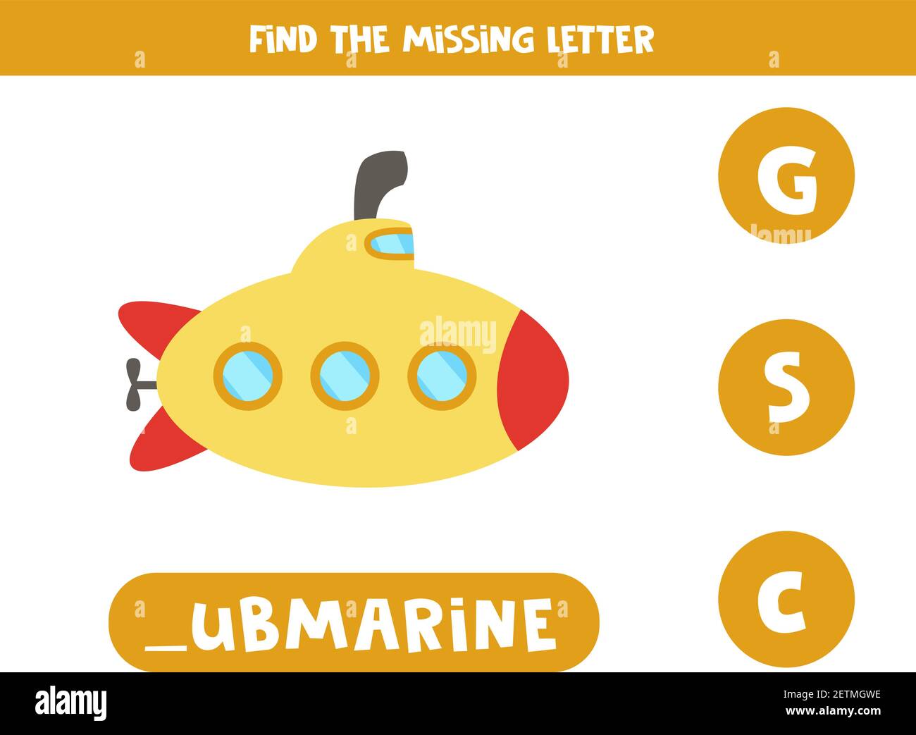 Find missing letter. Cartoon submarine. Educational spelling game for ...