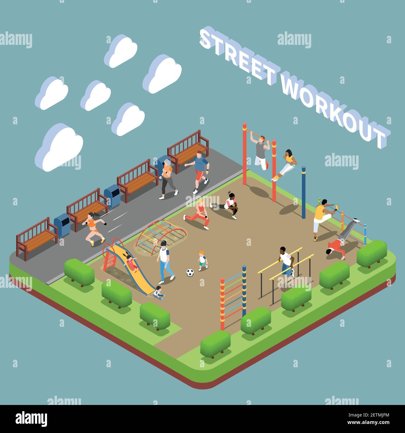 Human characters and street workout area with play ground isometric ...