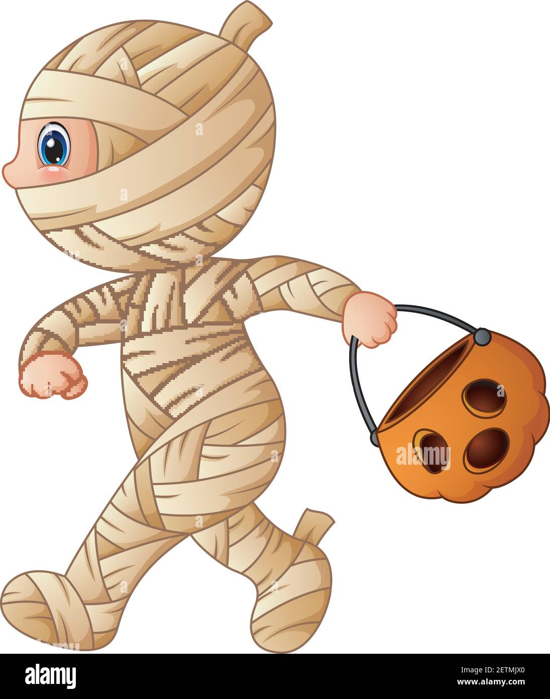 Vector illustration of Cartoon little mummy with pumpkin basket Stock ...