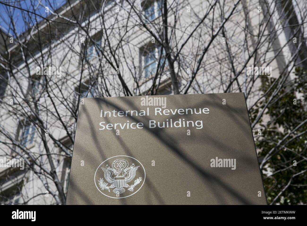 A logo sign outside of the headquarters of the Internal Revenue Service ...