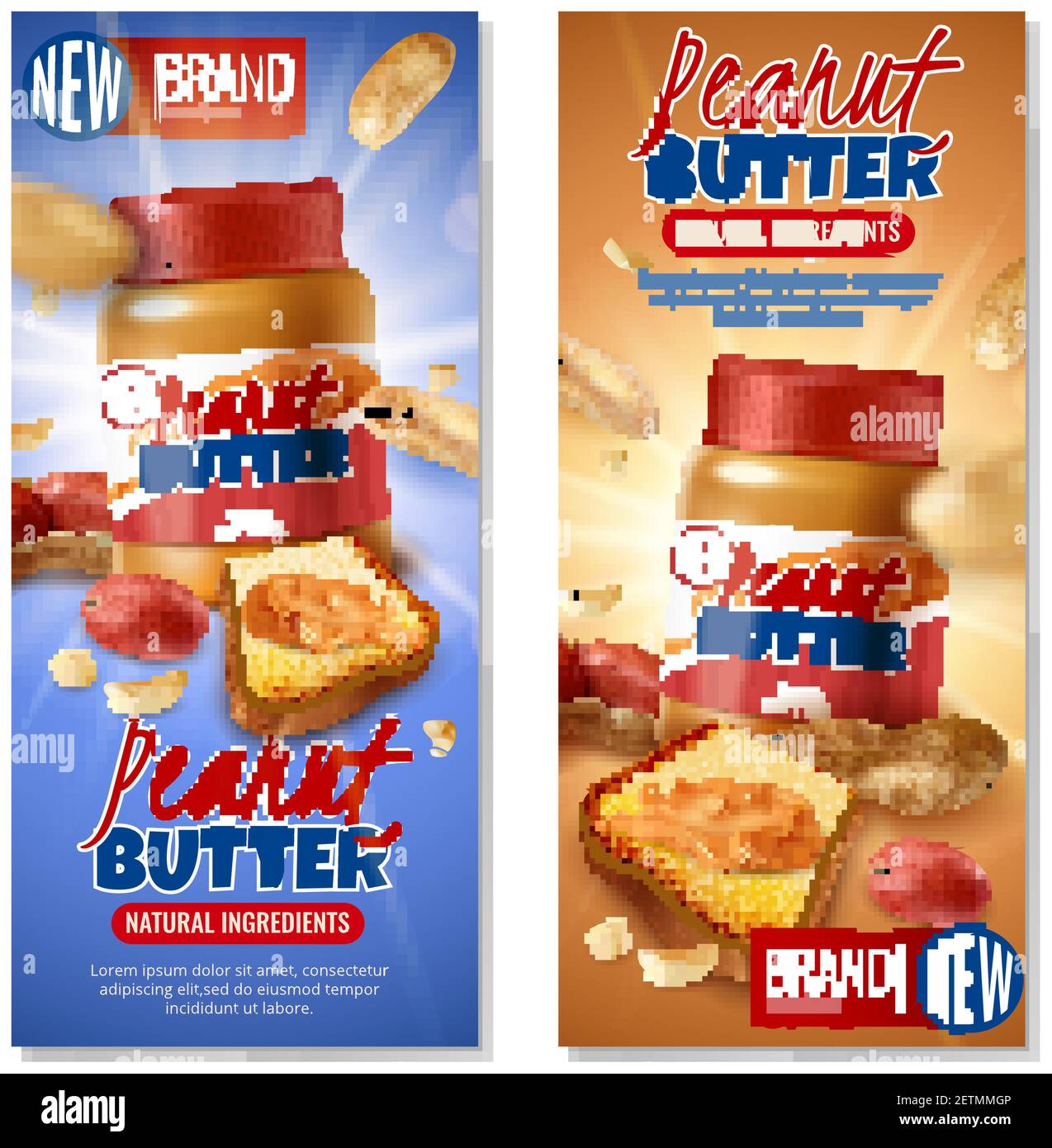Set of two vertical realistic peanut banners with jars of butter with ...