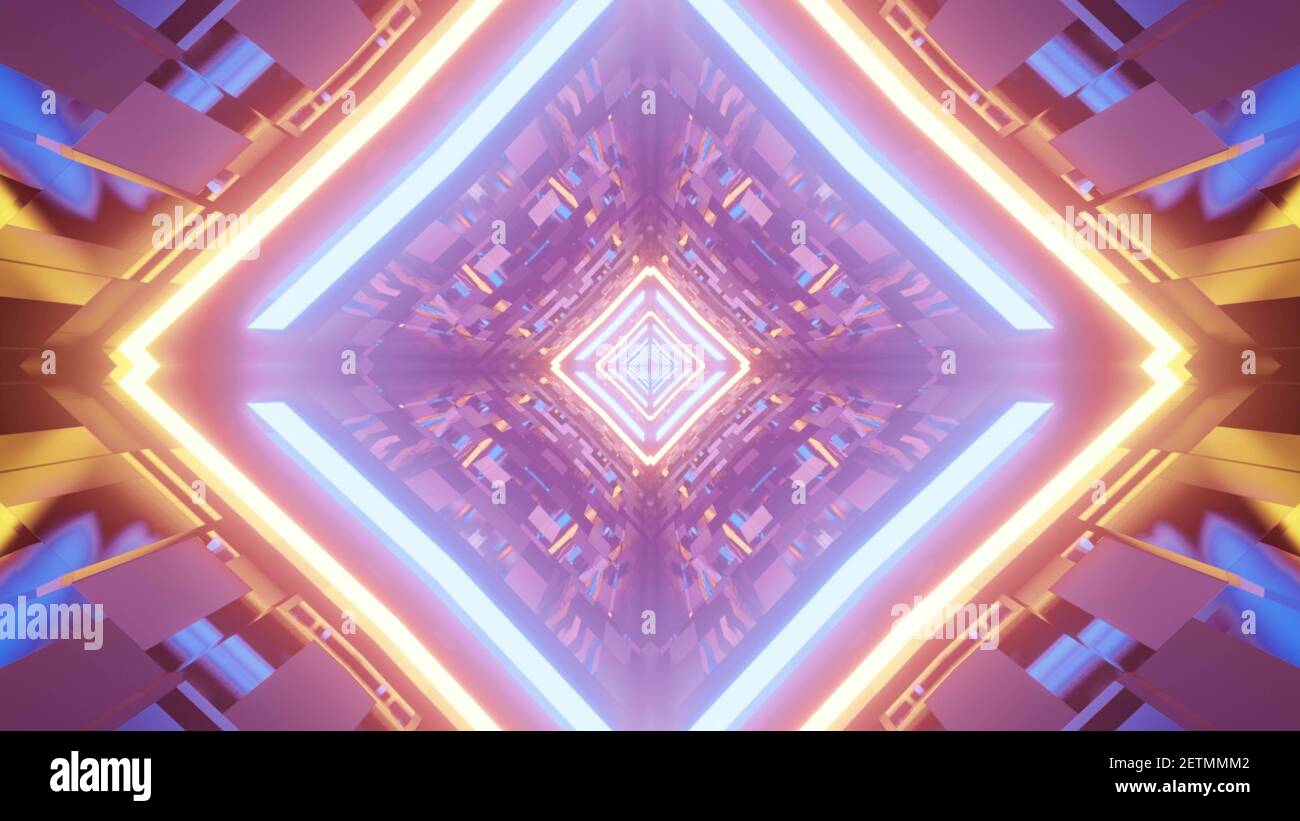 3D illustration of neon geometric figures in tunnel Stock Photo - Alamy