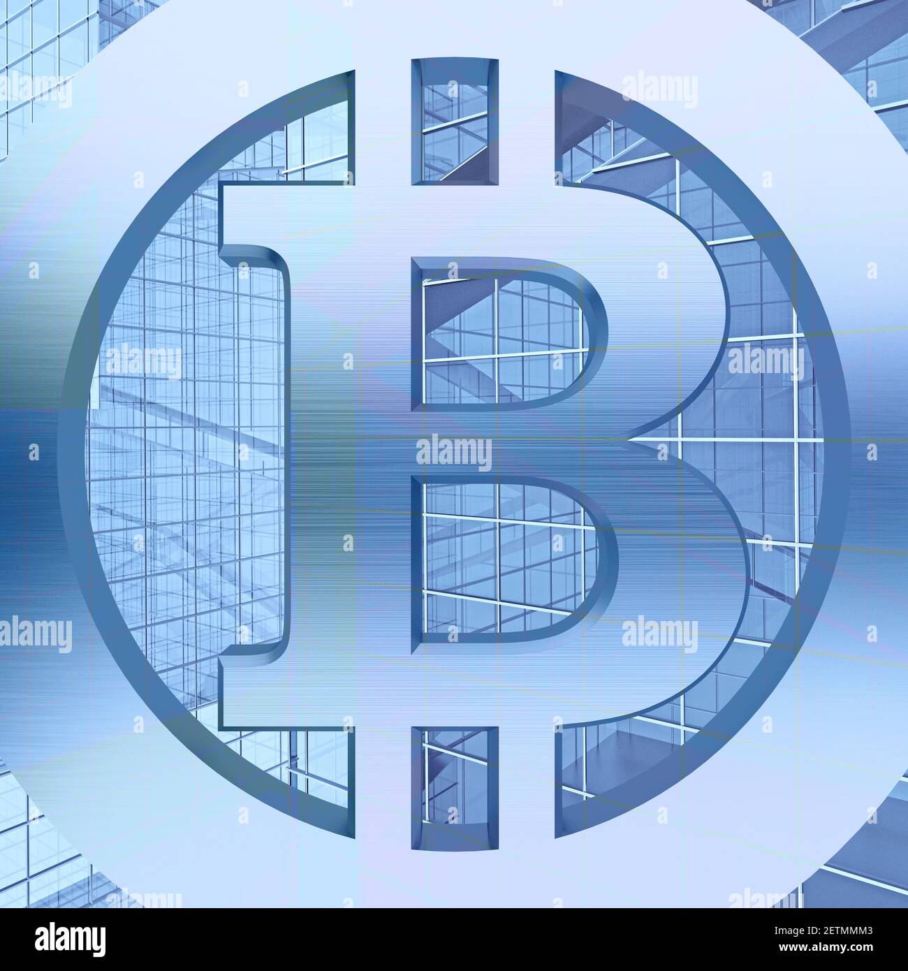 blue bitcoin sign tinted glass building facade. 3d rendering Stock ...