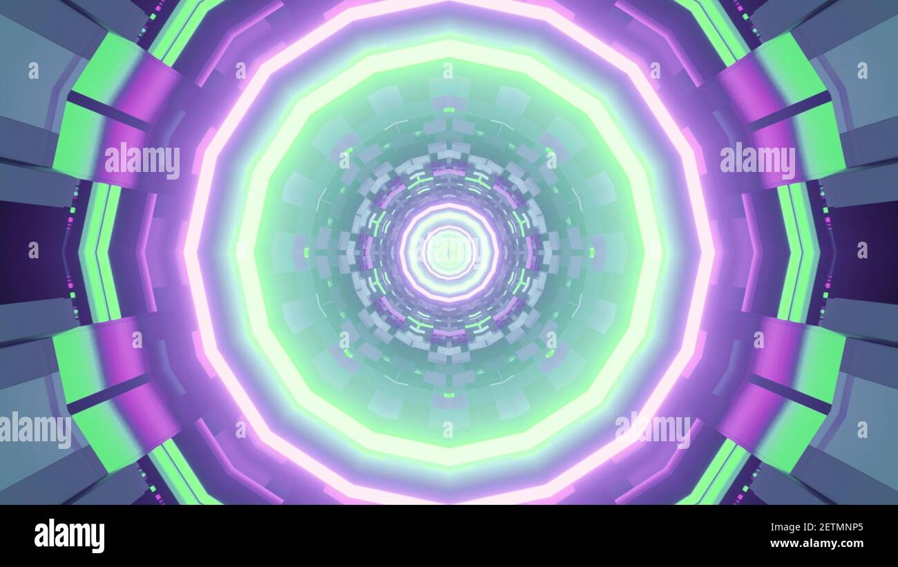 Futuristic circular pattern with neon illumination in 3D illustration ...