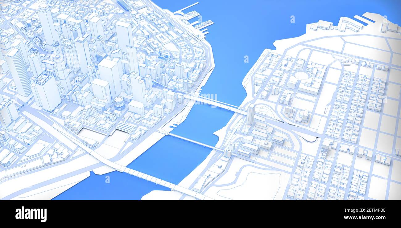 white low poly wireframe modern downtown with river above view. 3d ...