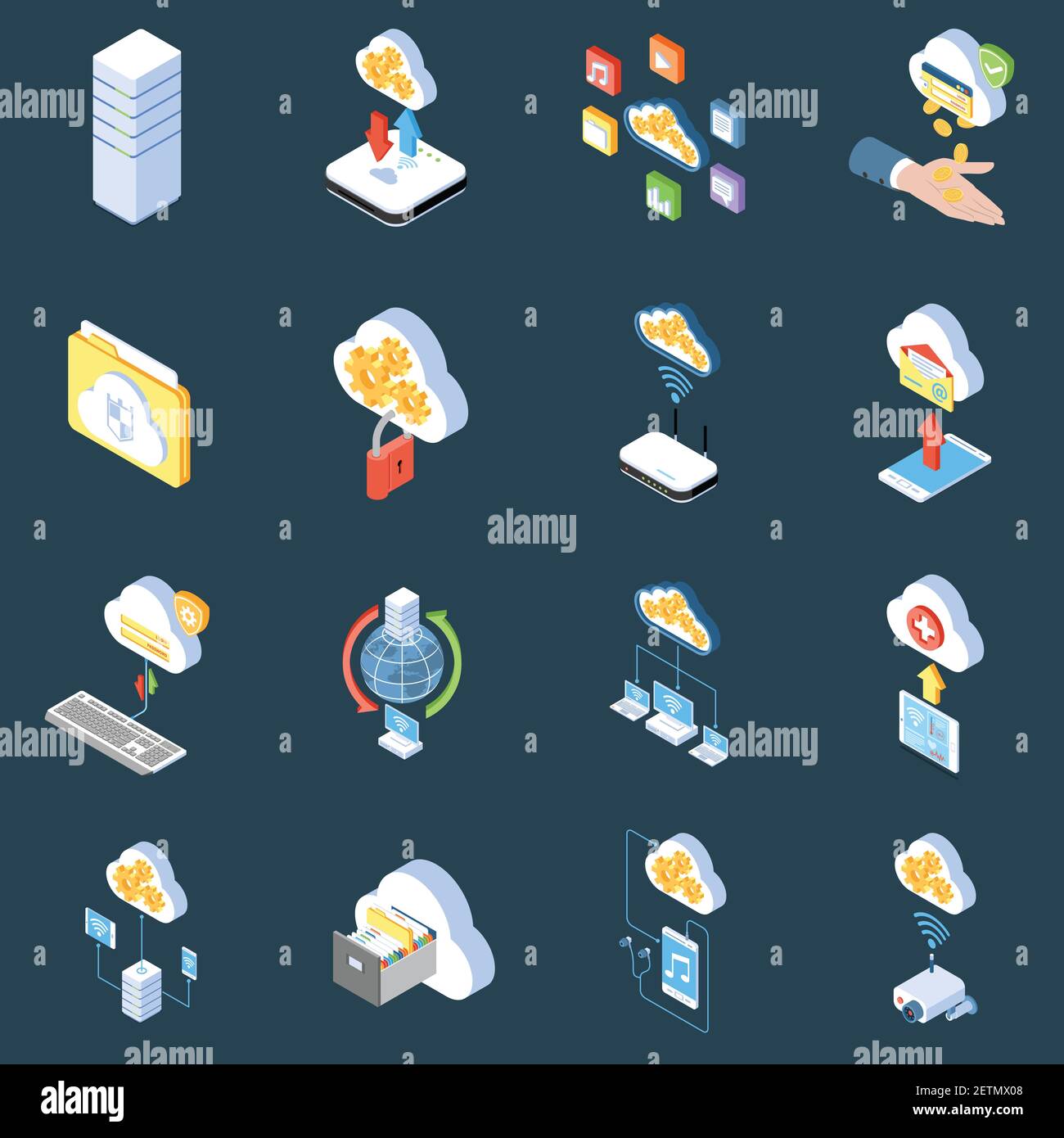 Cloud technology isometric icons of storage protection and ...