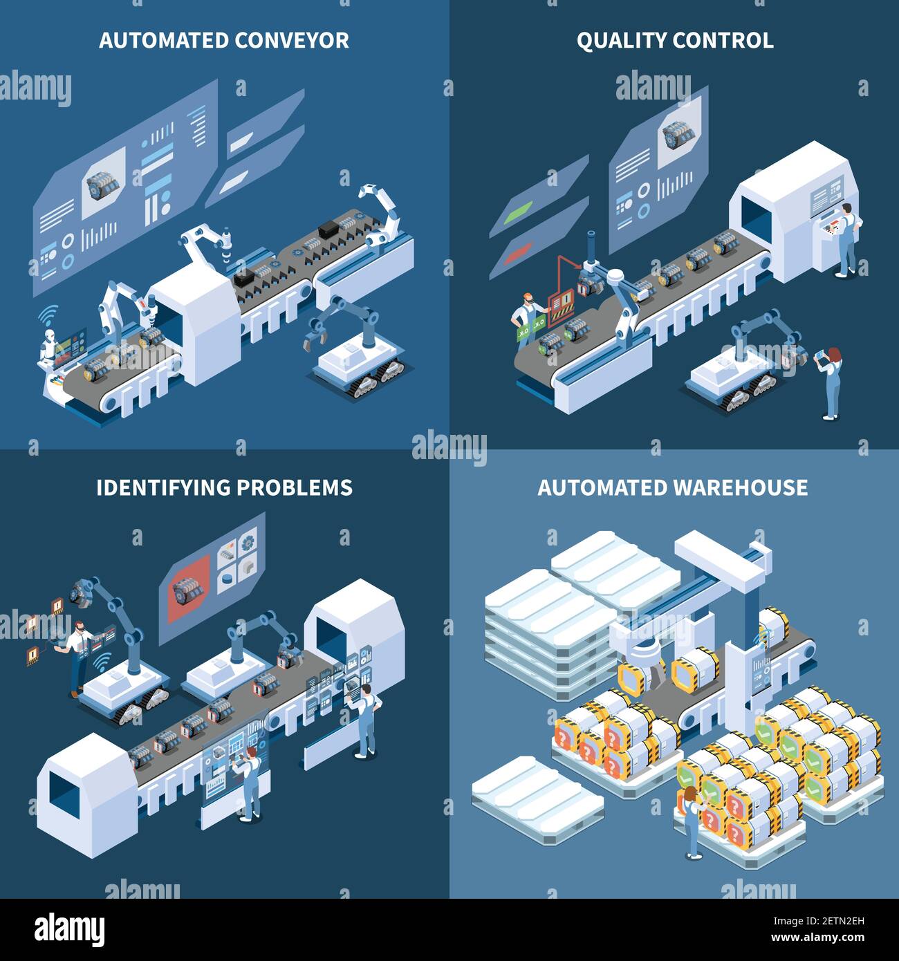 Intelligent manufacturing isometric design concept with robotized conveyor automated warehouse ...