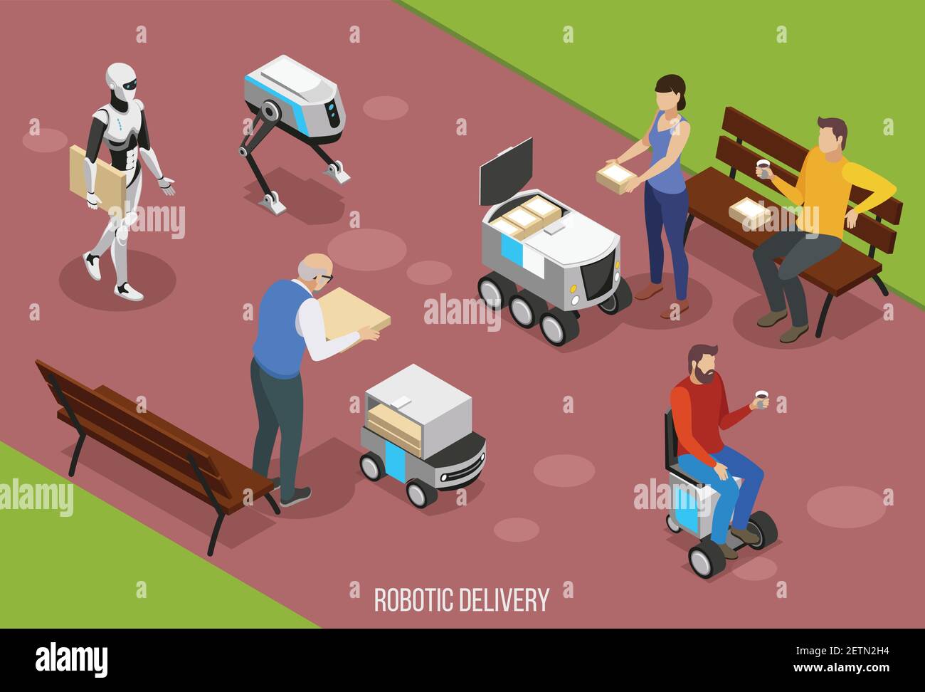 Robotic delivery isometric composition with people receiving your order ...