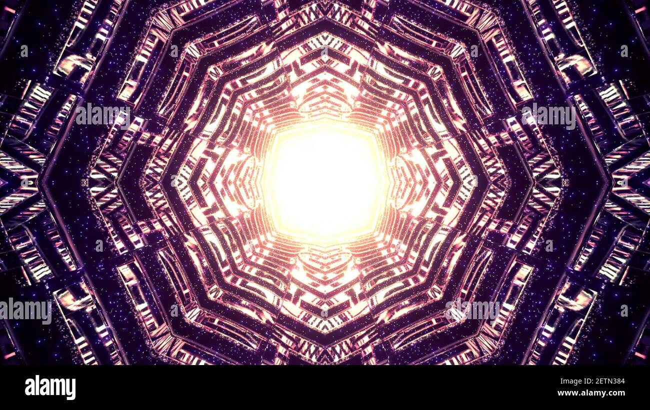 Shiny golden light inside of geometric tunnel 3d illustration Stock ...