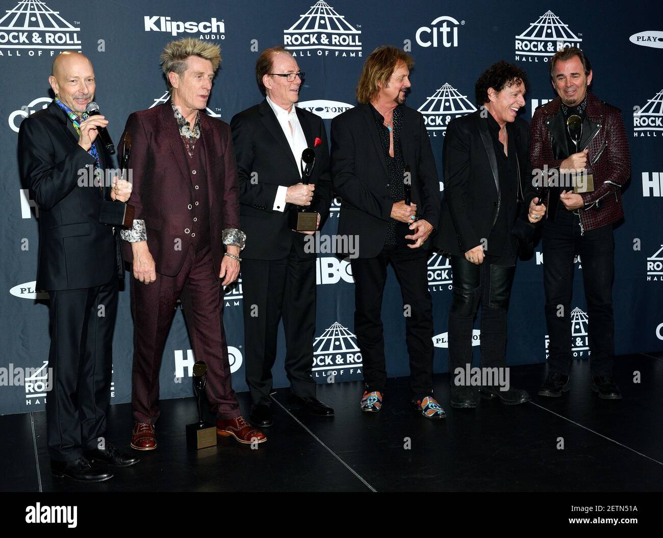 L-R: 2017 inductees Steve Smith, Ross Valory, Aynsley Dunbar, Gregg ...