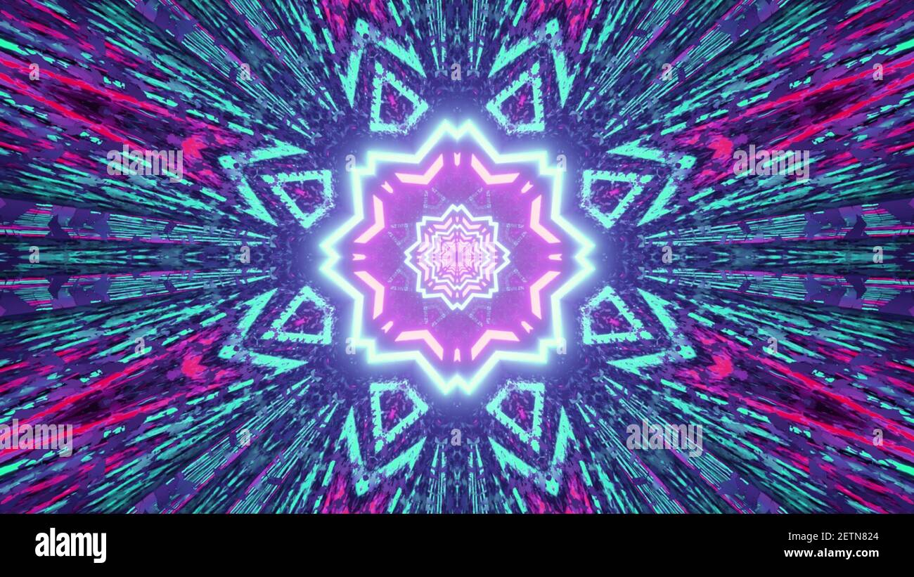 3D illustration of glowing kaleidoscope background with neon lights ...