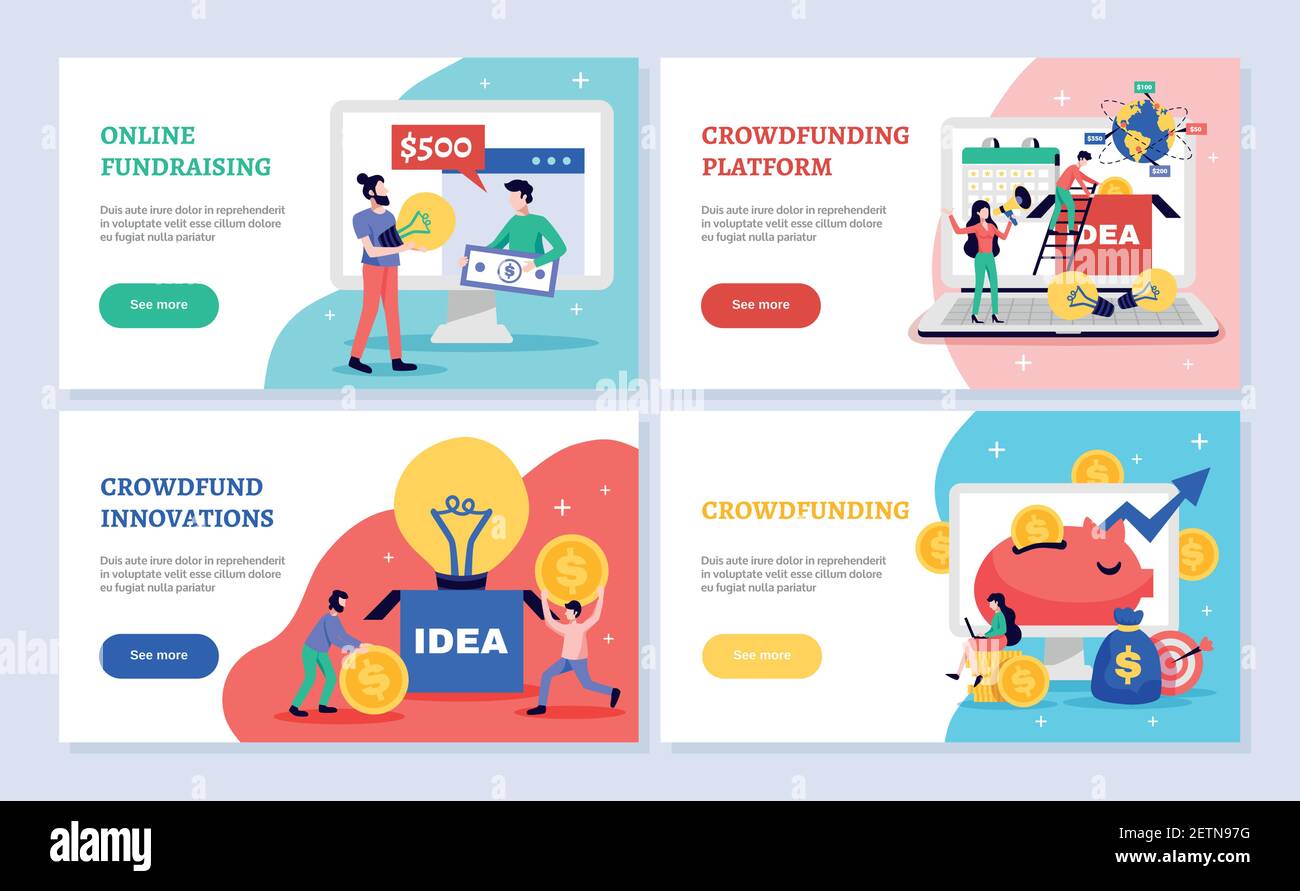 Crowdfunding horizontal banners set with fundraising symbols flat ...