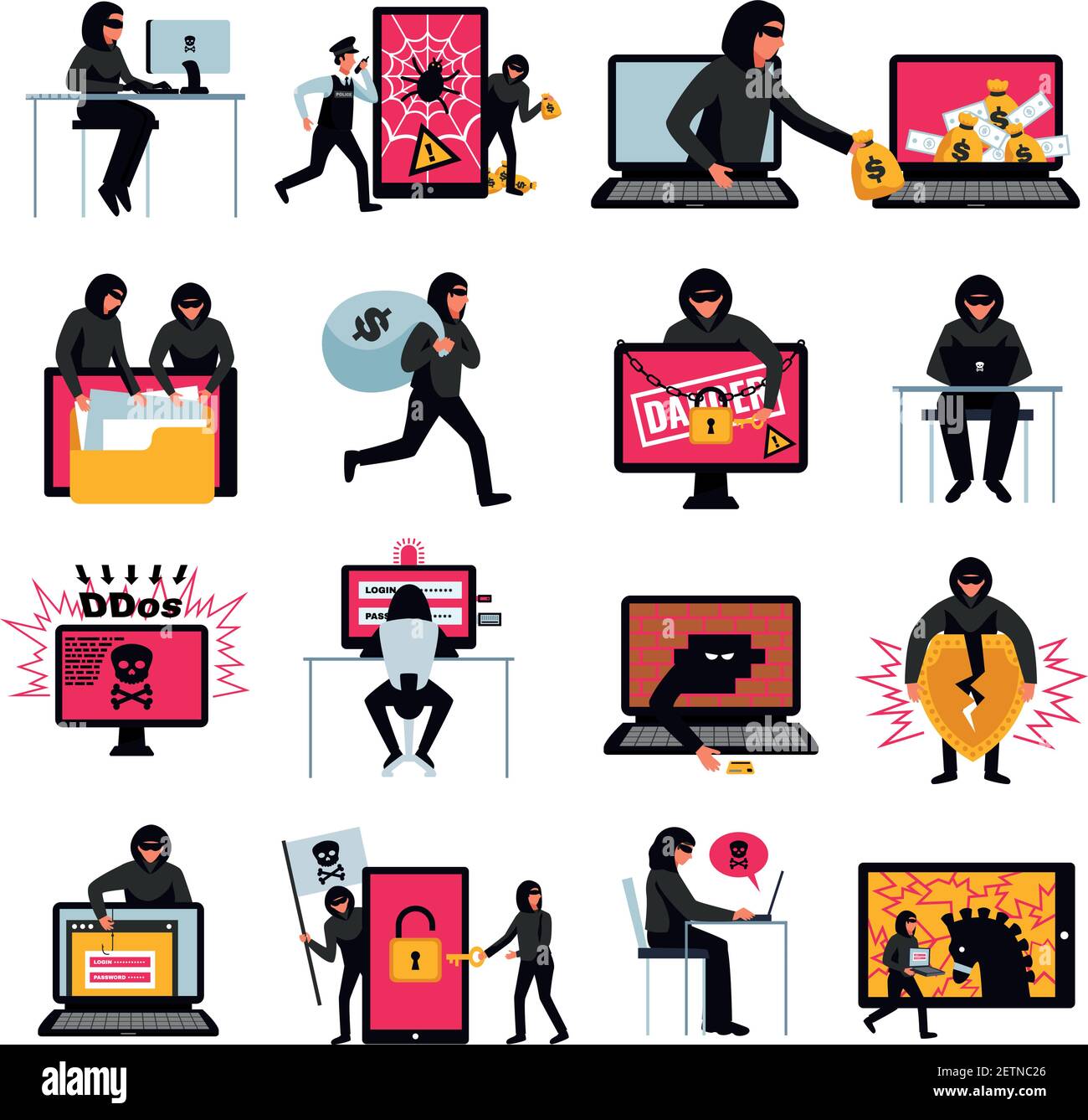 Hacker icons set with online threats and attacks symbols flat isolated ...