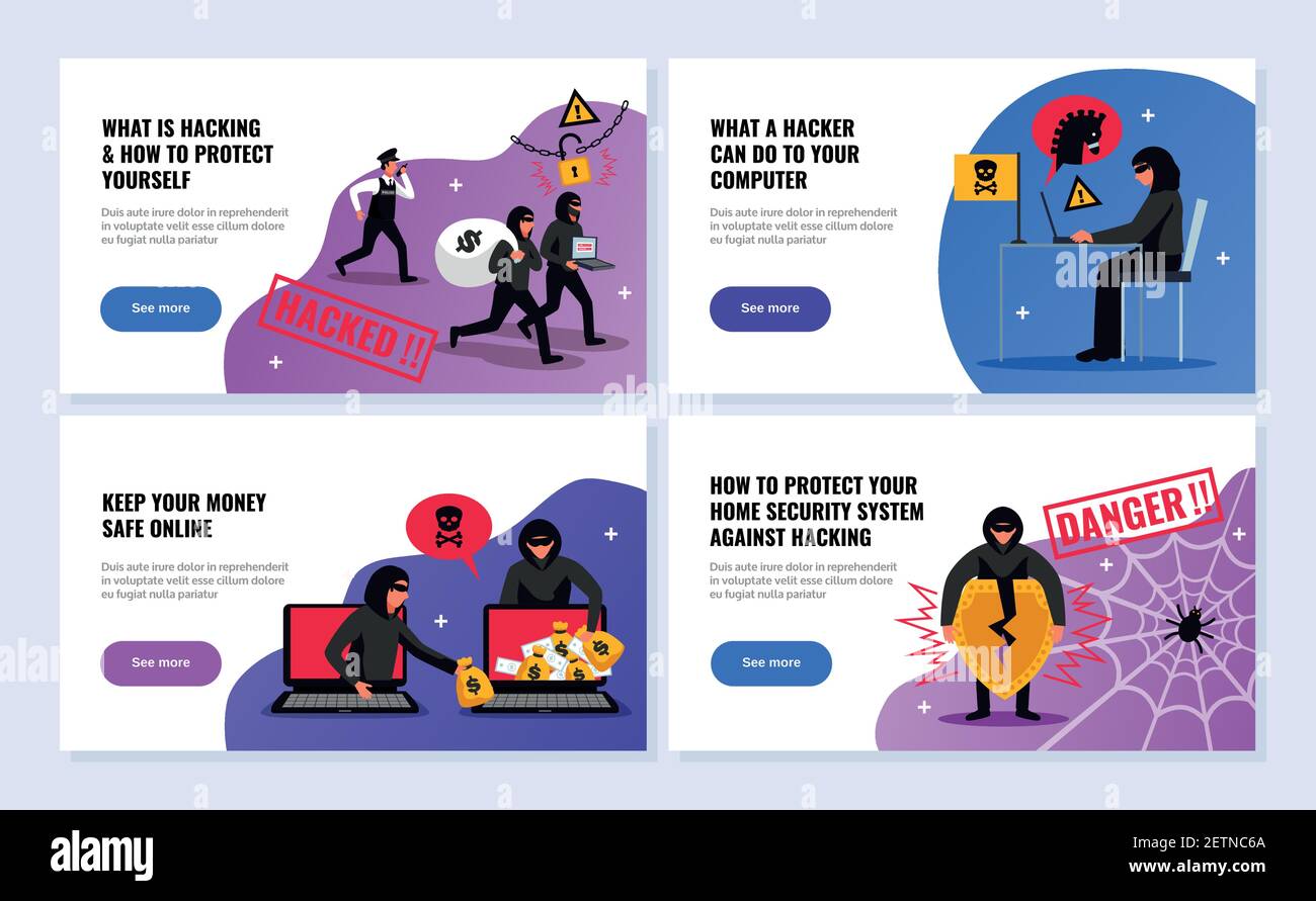 Hacker horizontal banners set with security system symbols flat ...