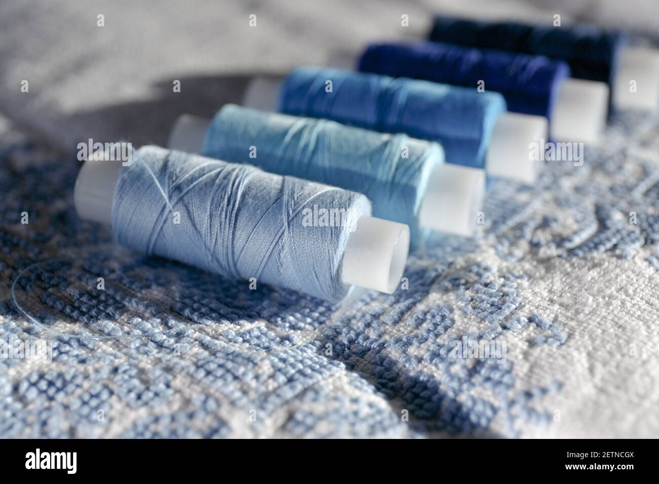 Set of sewing thread coils on white natural fabric with embroidery ...