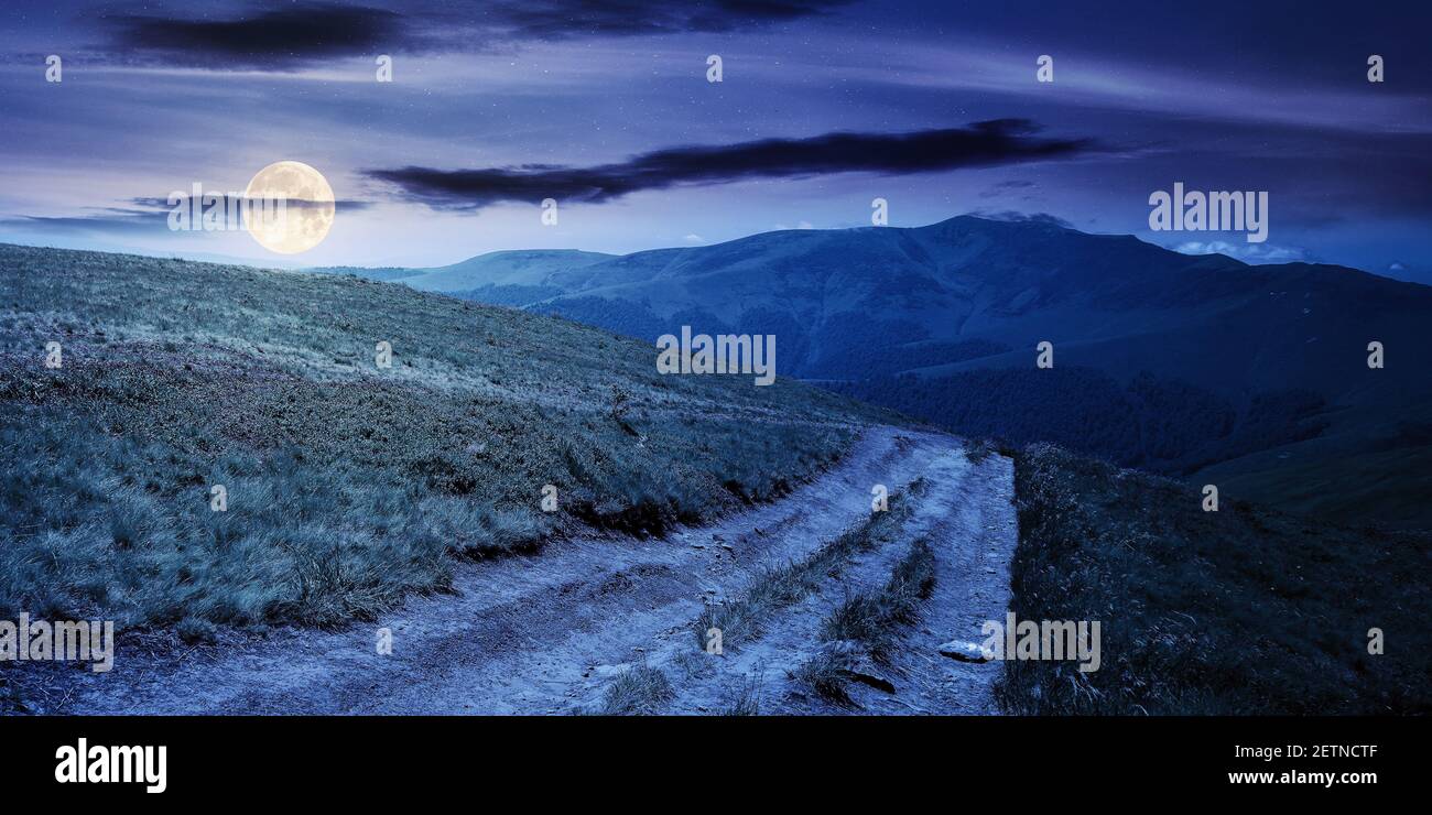 mountain landscape at night in spring. path through meadow in grass on ...