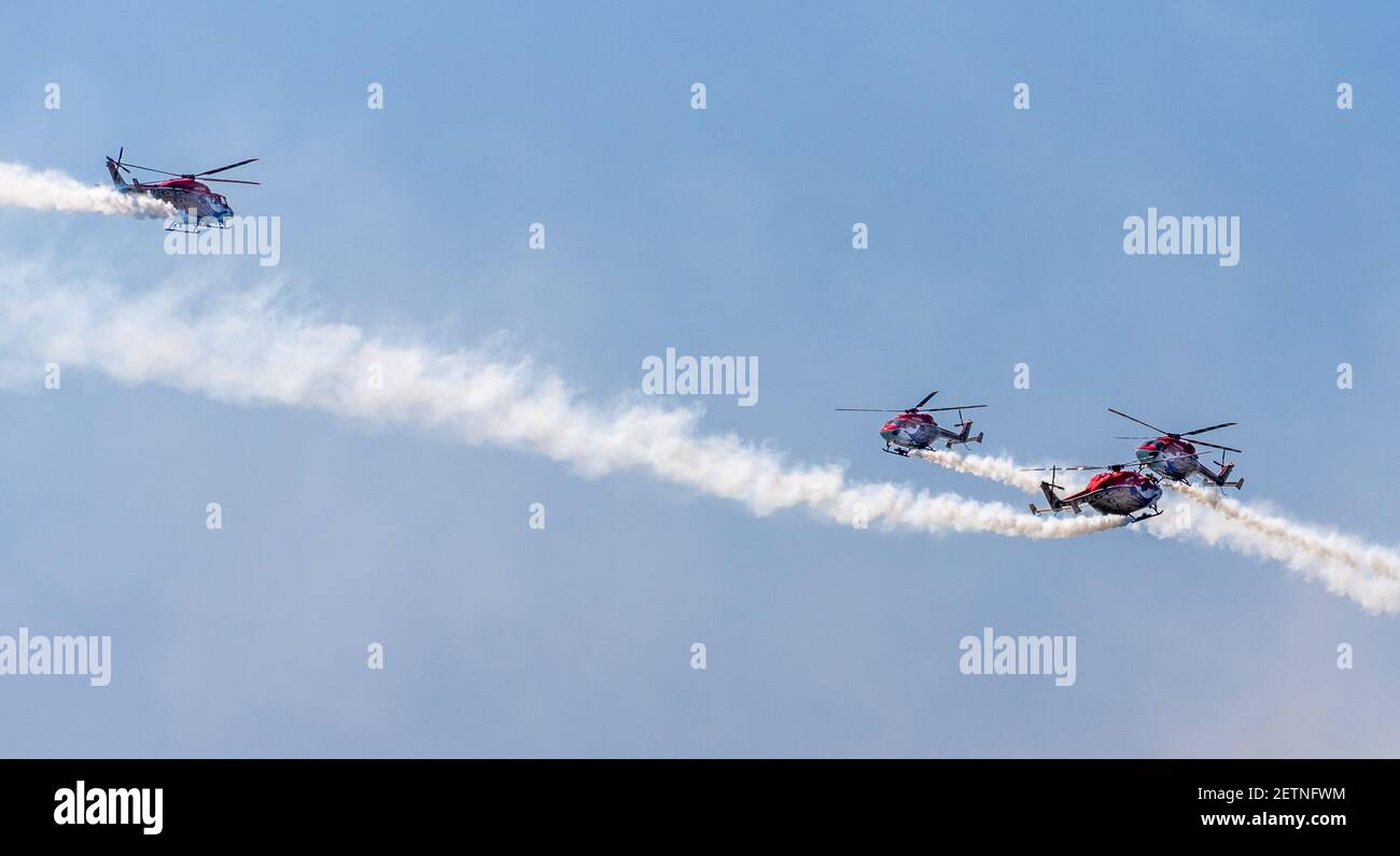 Indian Air Force Sarang helicopter air display team flying HAL Dhruv ...