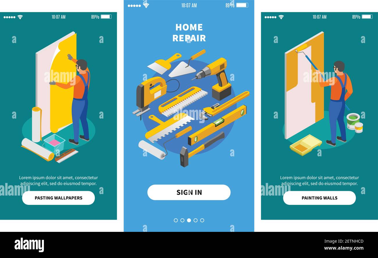 Home repair isometric banners for mobile app design offering firms ...