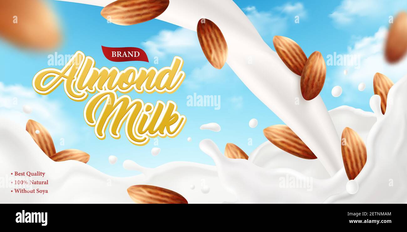 Realistic almond milk poster ad background with ornate brand text and ...