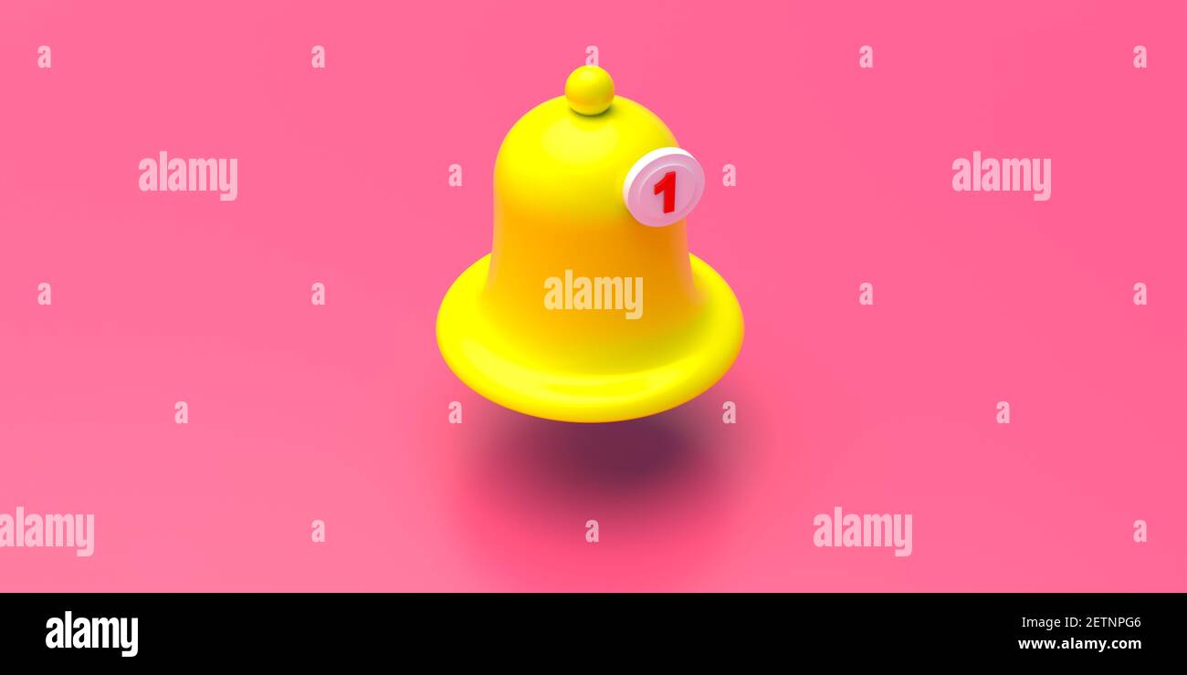 One new notification, Notification bell icon floating on pink color ...