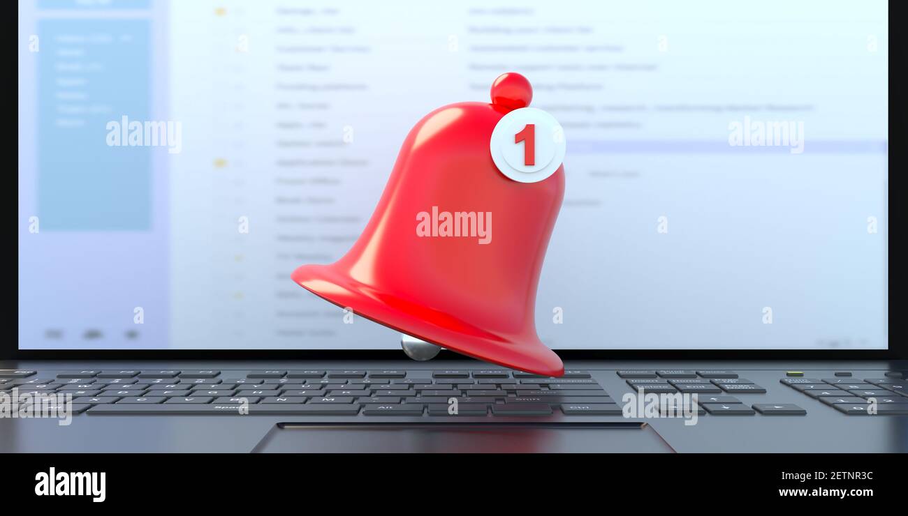 One new notification, Notification bell icon on computer laptop ...