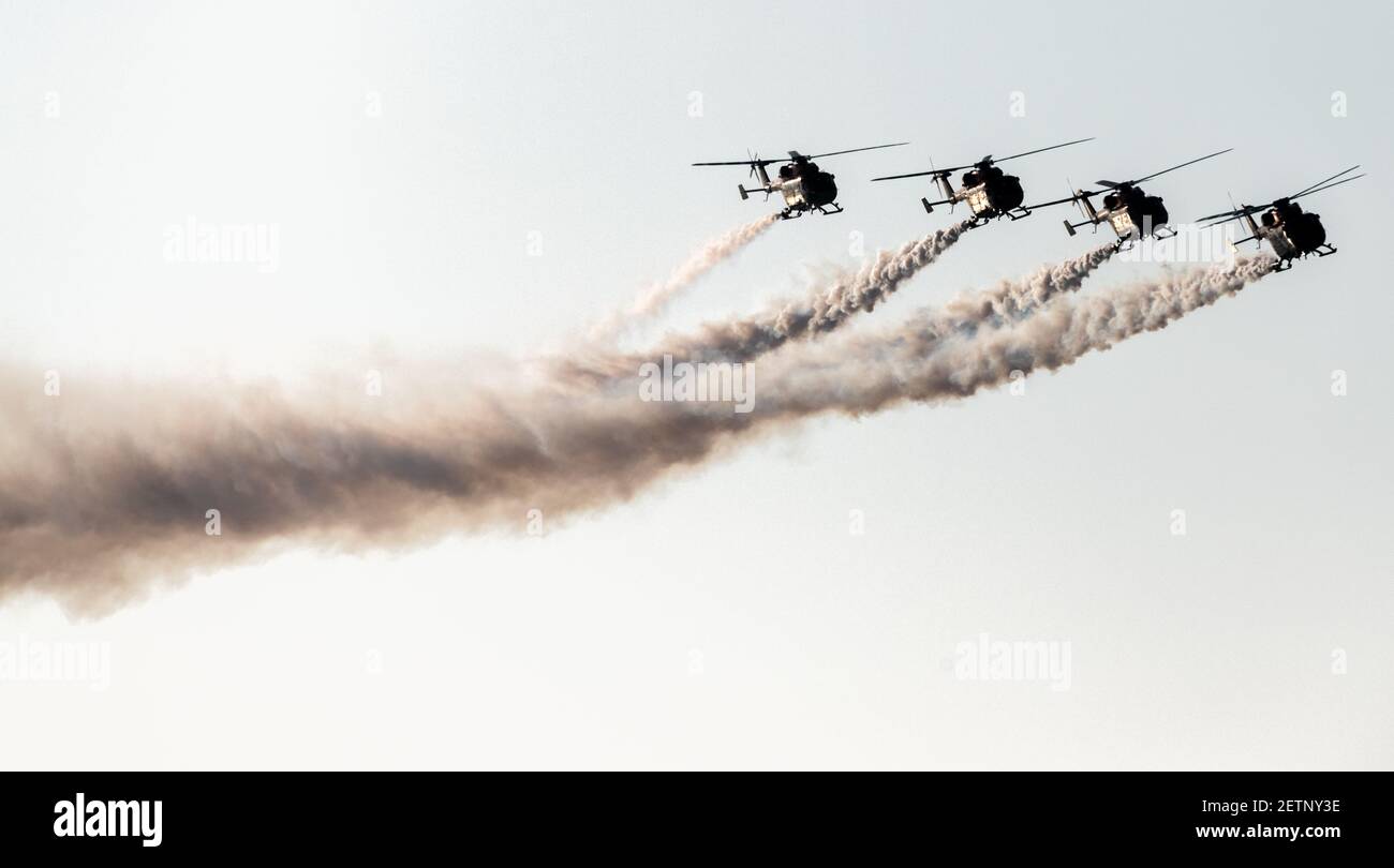 Indian Air Force Sarang helicopter air display team flying HAL Dhruv ...