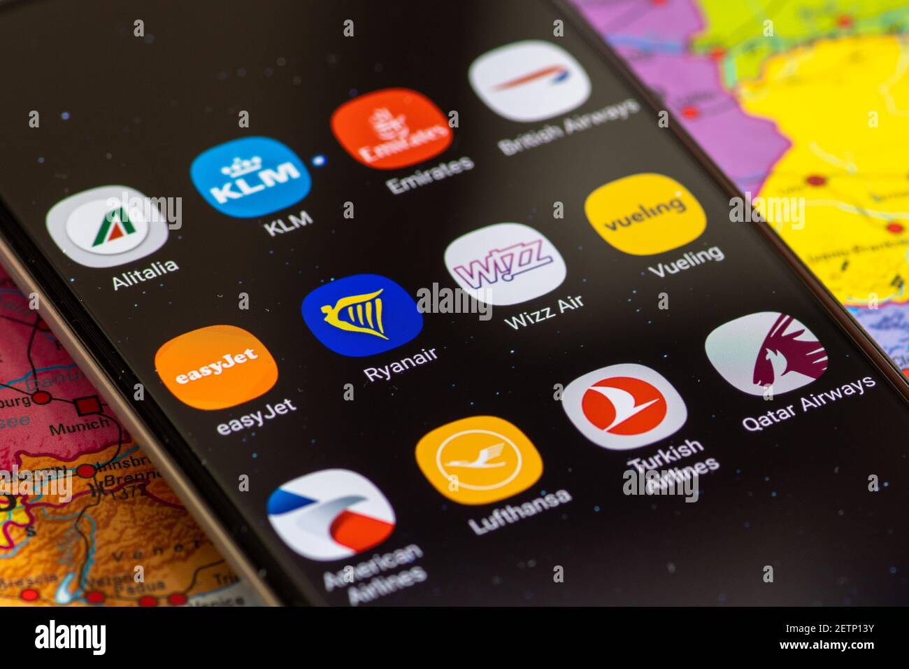 Vilnius, Lithuania - March 2 2020: Close up view of various airline ...