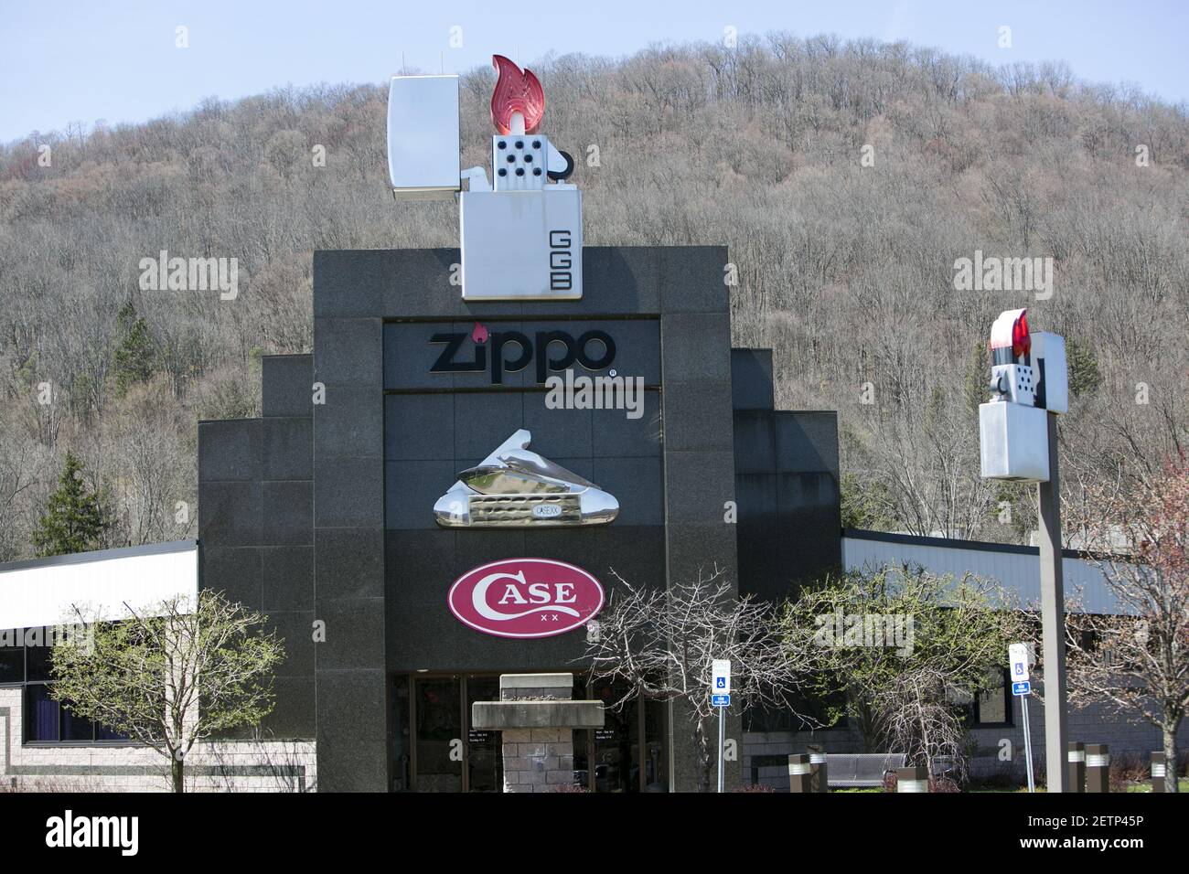 A logo sign outside of the Zippo/Case visitors center of the Zippo ...