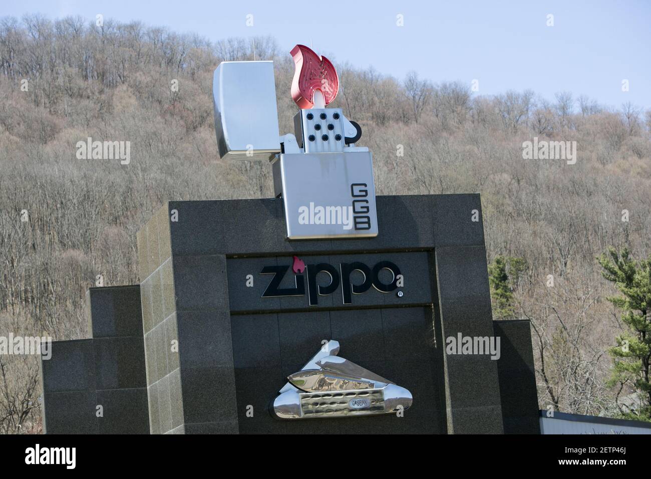 A logo sign outside of the Zippo/Case visitors center of the Zippo ...